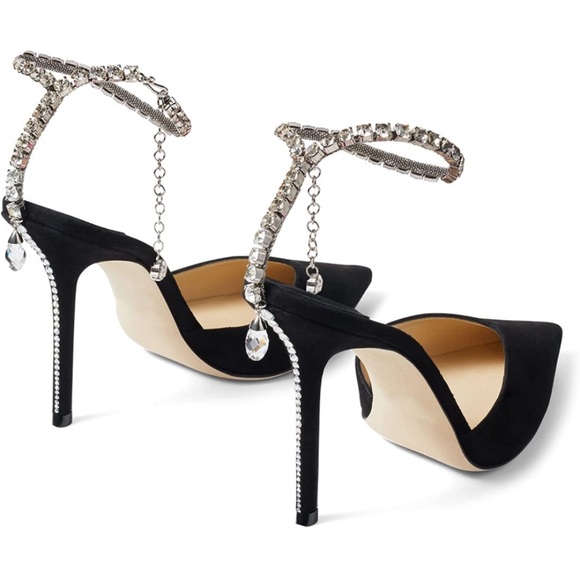 Shoes | Satin Pointed Toe Heels Sparkling Crystal Ankle Strap Heeled ...